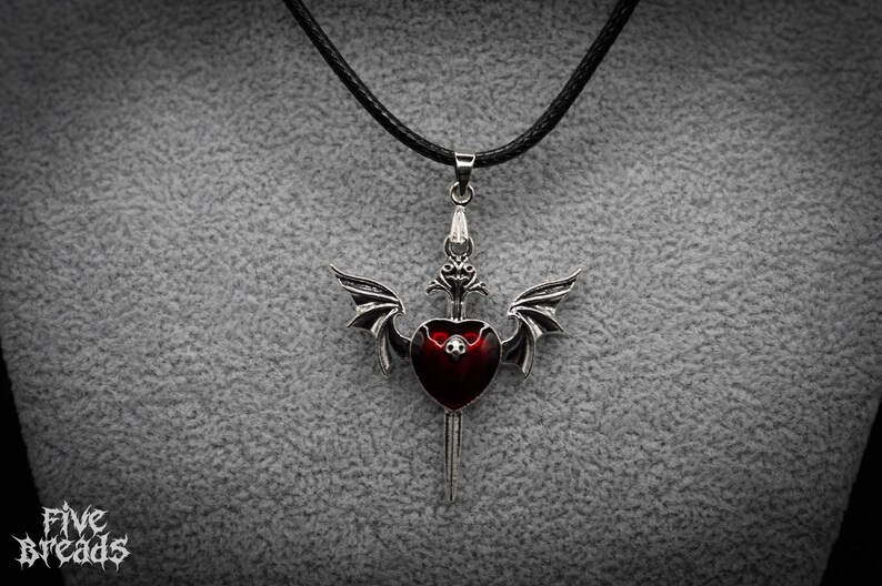 Silver Winged Sword With Red Heart Pendant Corder Necklace Gothic Style ...