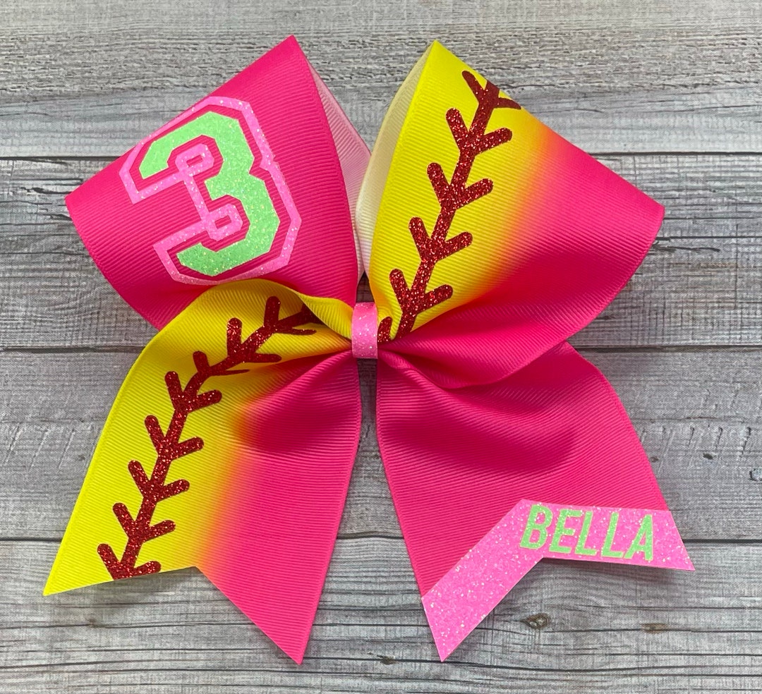 Softball Bow, Hot Pink With Softball Yellow Ombre, With Name and Number ...