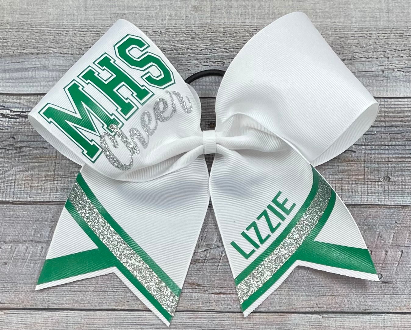 White, Green, Silver Cheer Bow, Custom Cheer Bow, Green Cheer Bow ...