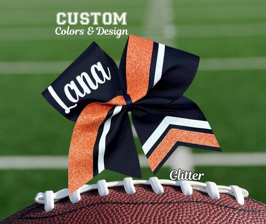 Navy Orange White Custom Glitter Cheer Bow, Navy Orange Cheer Bow With ...