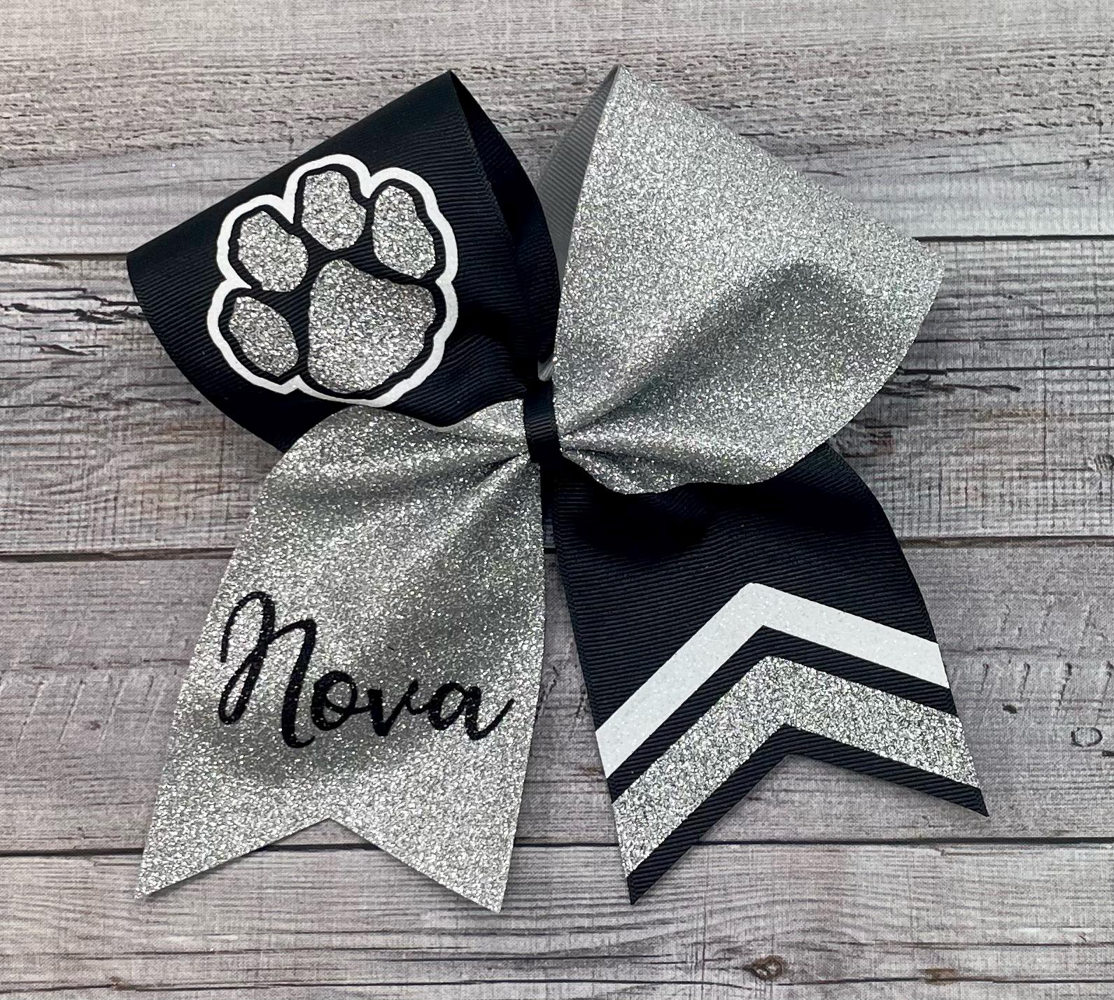 Paw Custom Glitter Cheer Bow, Black Silver Cheer Bow With Name, Cheer ...