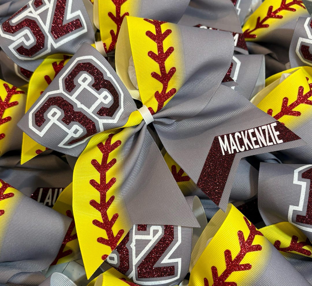 Softball Bow, Gray With Softball Yellow Ombre, With Name or Mascot and ...