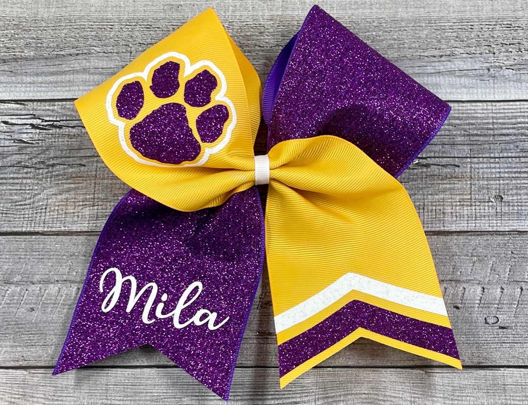 Paw Custom Glitter Cheer Bow, Purple Gold Cheer Bow With Name, Cheer ...
