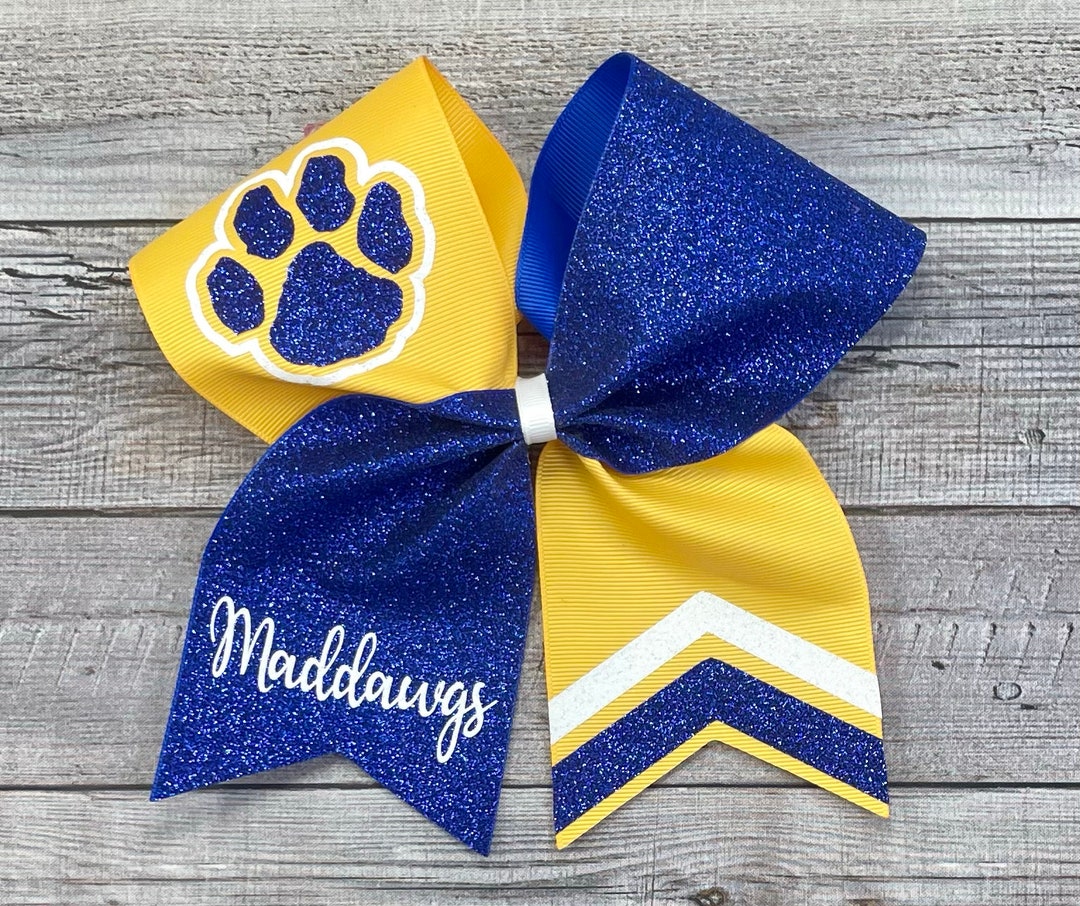 Paw Custom Glitter Cheer Bow,royal Blue Gold Cheer Bow With Name, Cheer ...