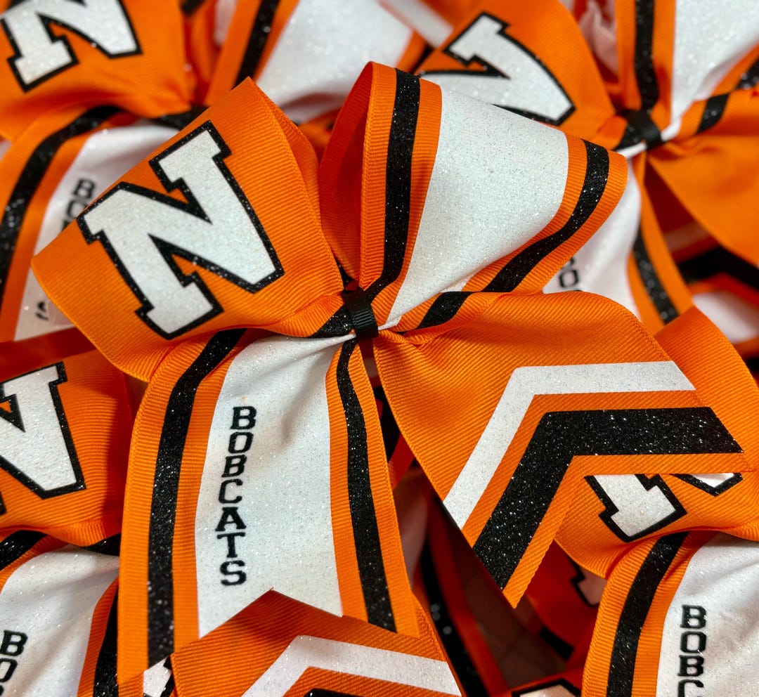 Orange Black White Glitter Cheer Bow With Mascot and Name, Cheer Bow ...
