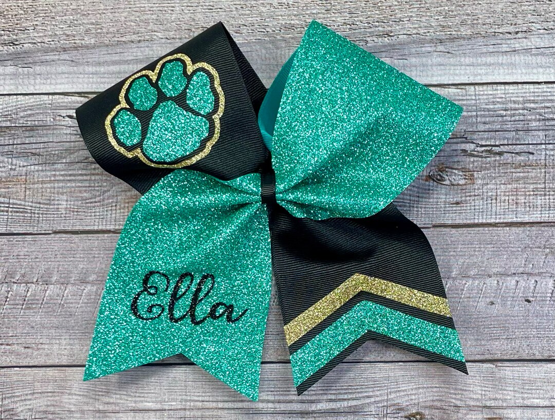 Paw Custom Glitter Cheer Bow, Black Gold Jade Cheer Bow With Name ...