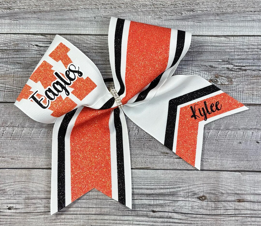 Orange Black White Glitter Cheer Bow With Mascot and Name, Cheer Bow ...
