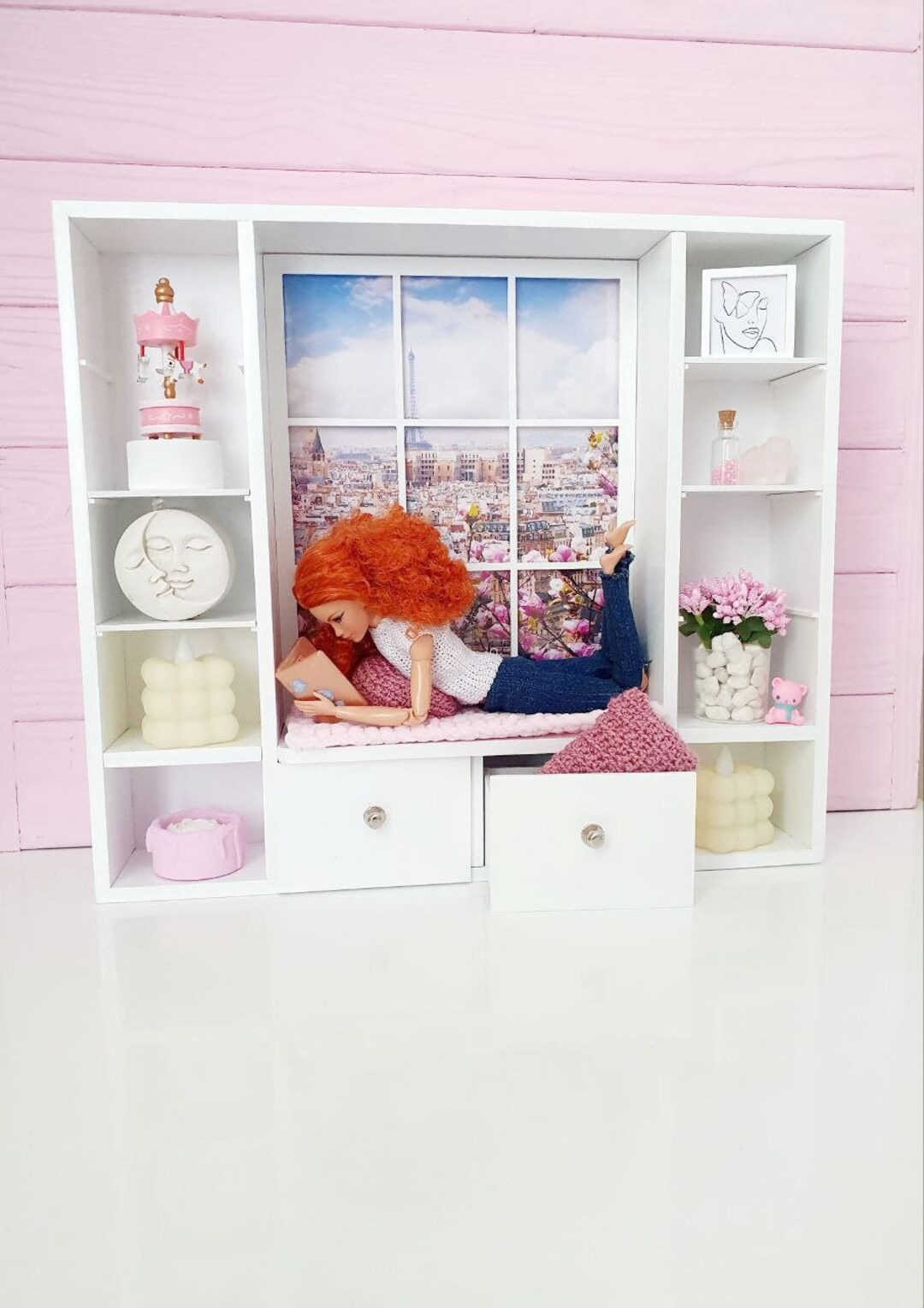 Bookcase With Window, Diorama for Dolls, 1/6 Scale Doll Furniture ...