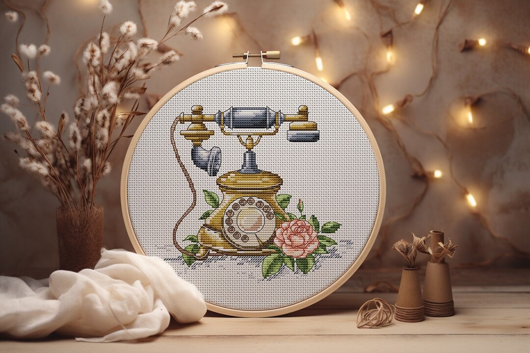 Vintage Telephone Cross-stitch Pattern Phone and Pink Rose Embroidery ...
