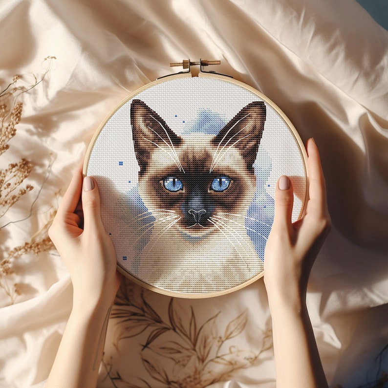 Siamese Cat Cross Stitch Pattern Watercolor Thai Cat Portrait PDF Chart Feline Embroidery Cat ...