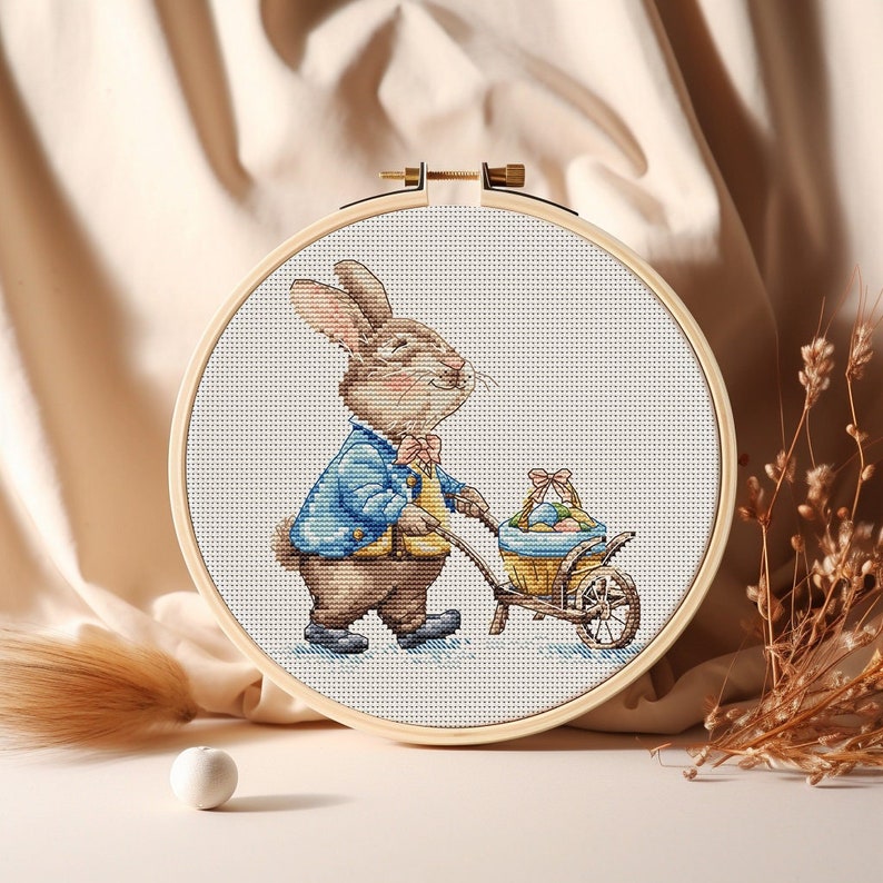 Easter Bunny Cross Stitch Pattern Bunny With Trolley of Colorful Eggs ...
