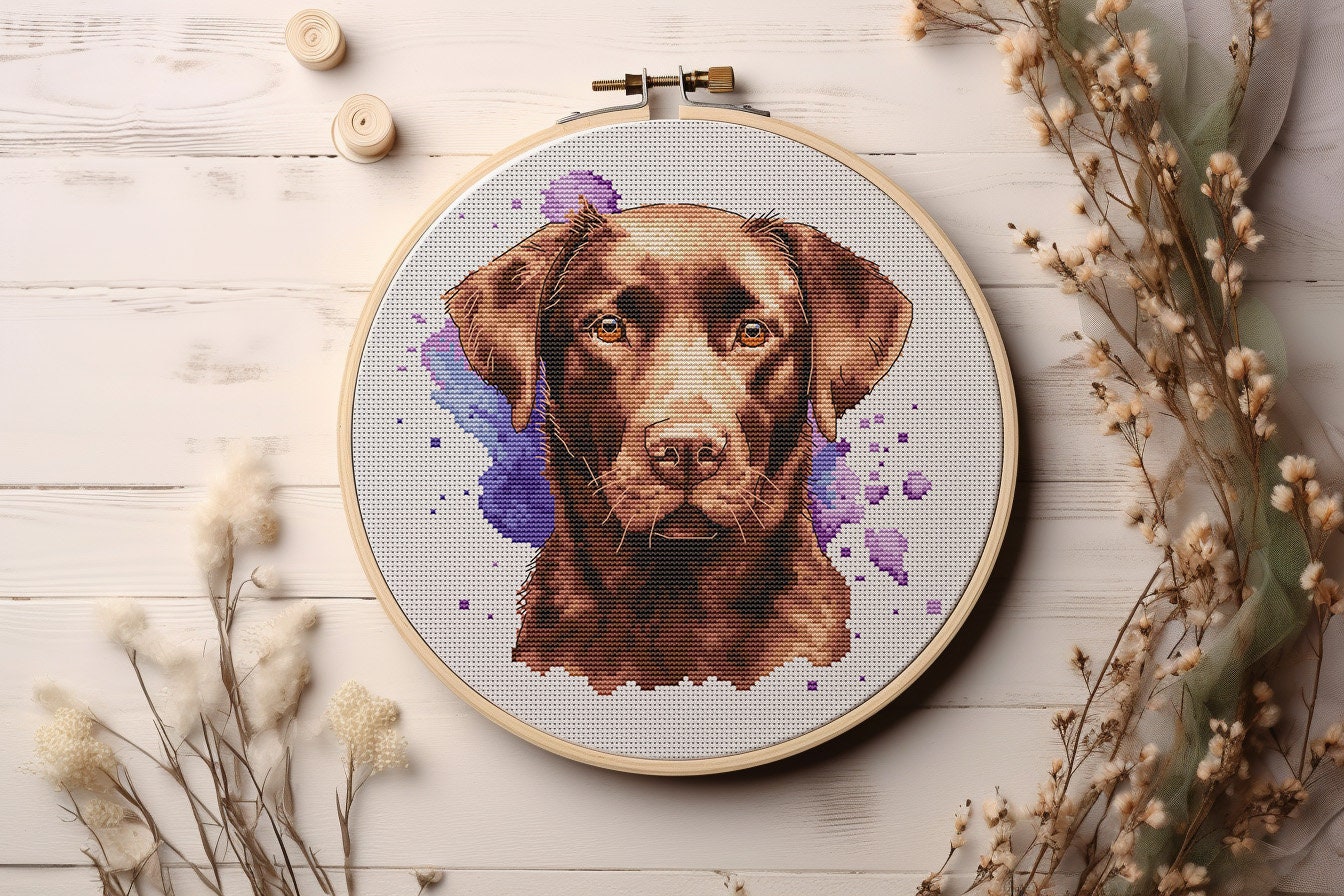 Chocolate Labrador Cross Stitch Pattern Watercolor Dog Portrait ...