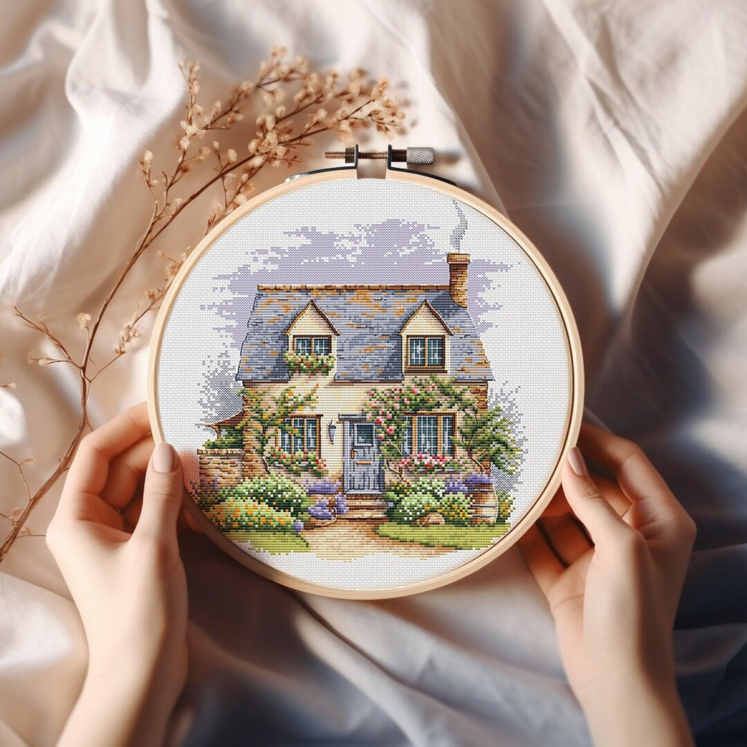 Blue Roof English Cottage Cross Stitch Pattern Cosy House With Rose ...