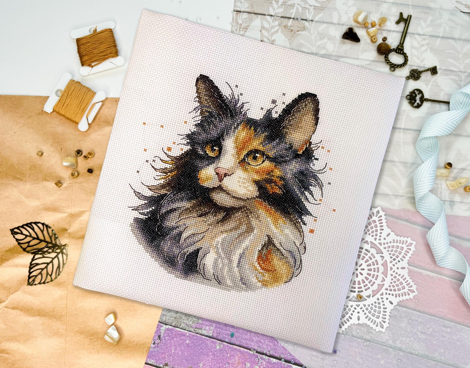 Watercolor Calico Cat Cross Stitch Pattern Tri-color Realistic Cat ...