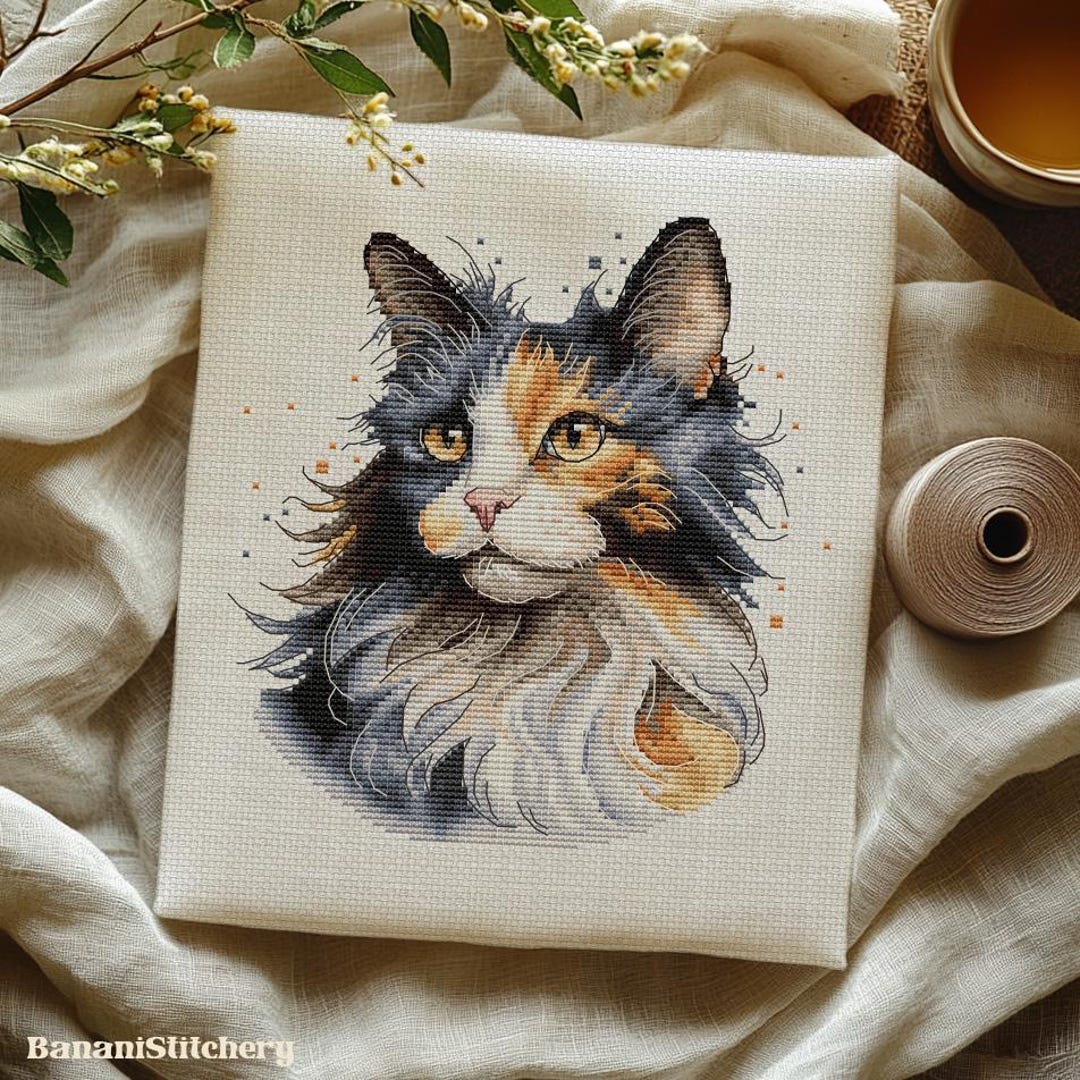 Watercolor Calico Cat Cross Stitch Pattern Tri-color Realistic Cat ...