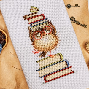 Owl With Books Counted Cross-stitch Pattern | Bookworm Bird Bookmark ...