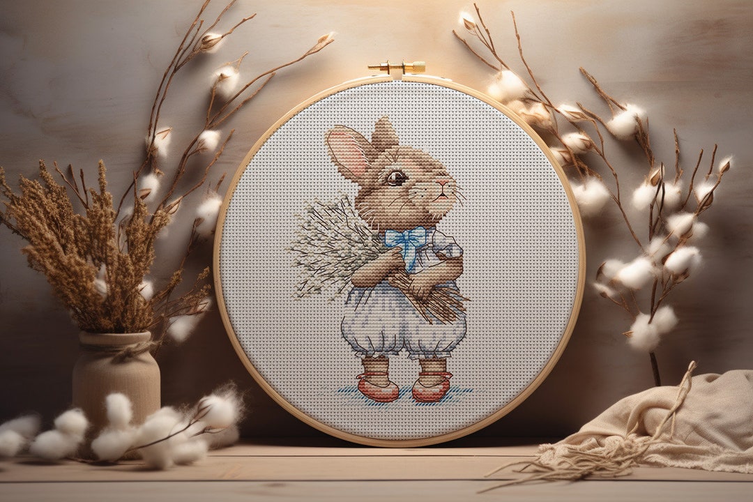 Cute Bunny Boy With Willow Bouquet Cross-stitch Pattern PDF Easter Baby ...