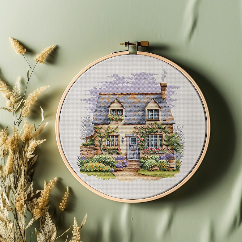Blue Roof English Cottage Cross Stitch Pattern Cosy House With Rose ...