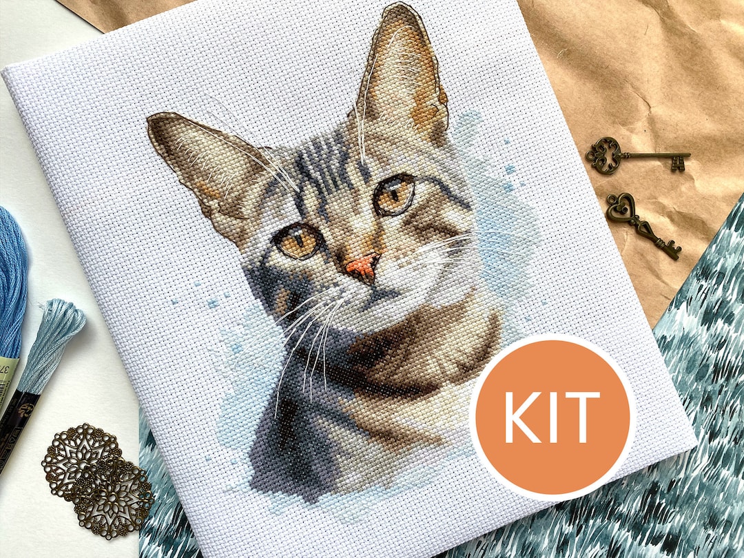 KIT Tabby Cat Portrait Cross Stitch Pattern Kit Realistic Domestic ...