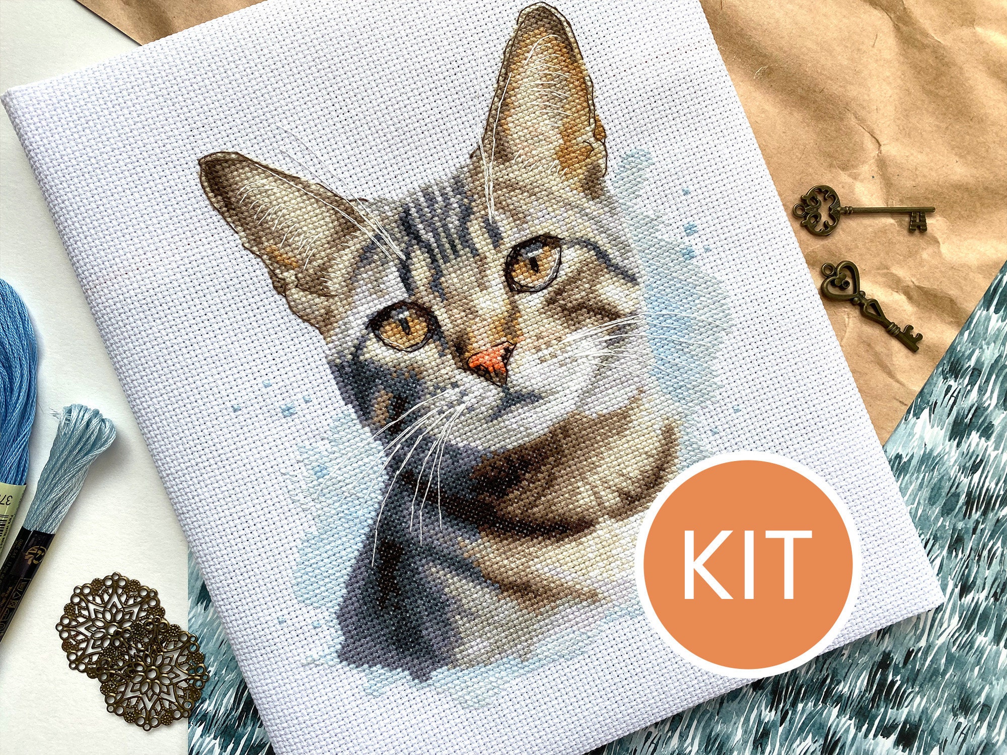 KIT Tabby Cat Portrait Cross Stitch Pattern Kit Grey Domestic Tabby Cat ...