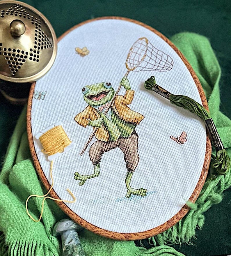 Frog and Butterflies Cross Stitch Pattern Funny Frog in Suit Hunting ...