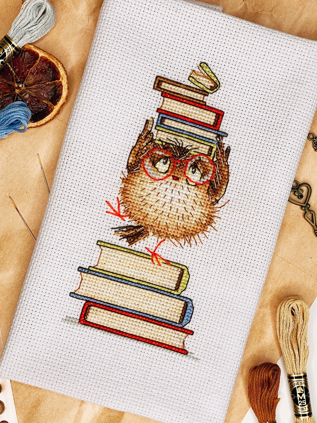 Owl With Books Counted Cross-stitch Pattern | Bookworm Bird Bookmark ...
