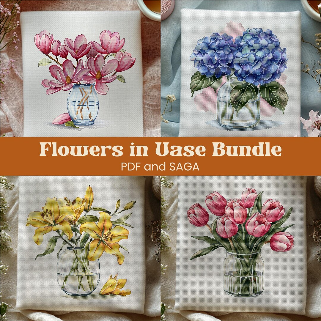 Flowers in Vase Bundle Cross Stitch Patterns | Set of 4 Floral PDF and SAGA Charts | Pink ...