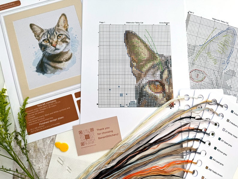 KIT Tabby Cat Portrait Cross Stitch Pattern Kit Grey Domestic Tabby Cat ...