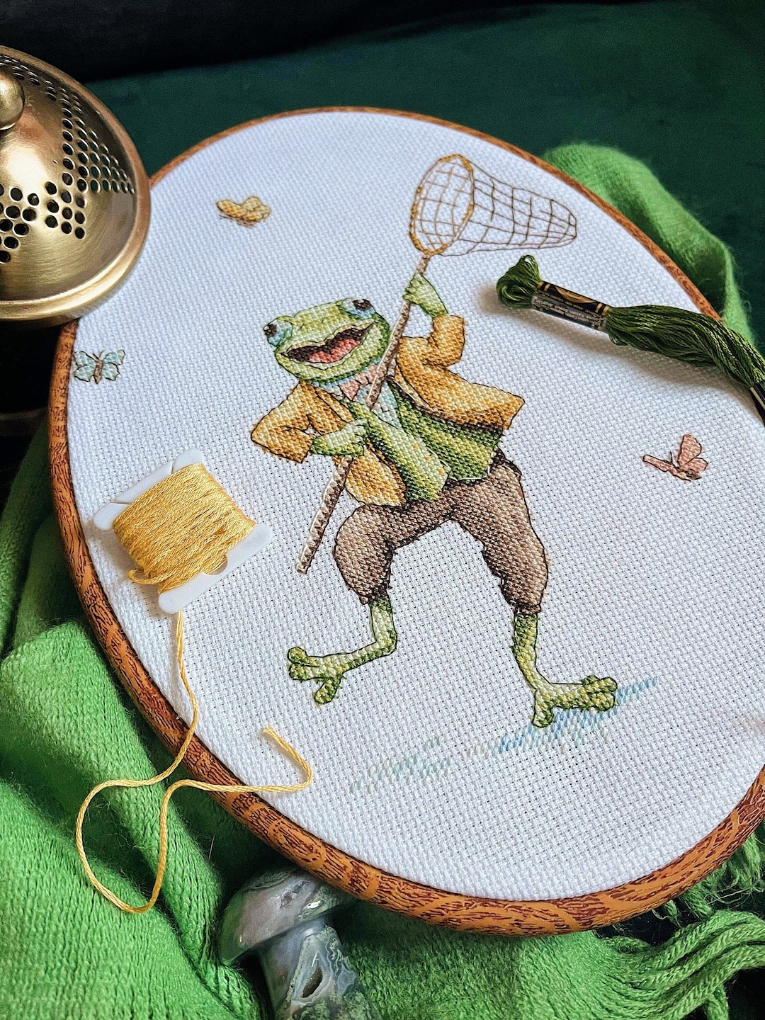 Frog and Butterflies Cross Stitch Pattern Funny Frog in Suit Hunting ...