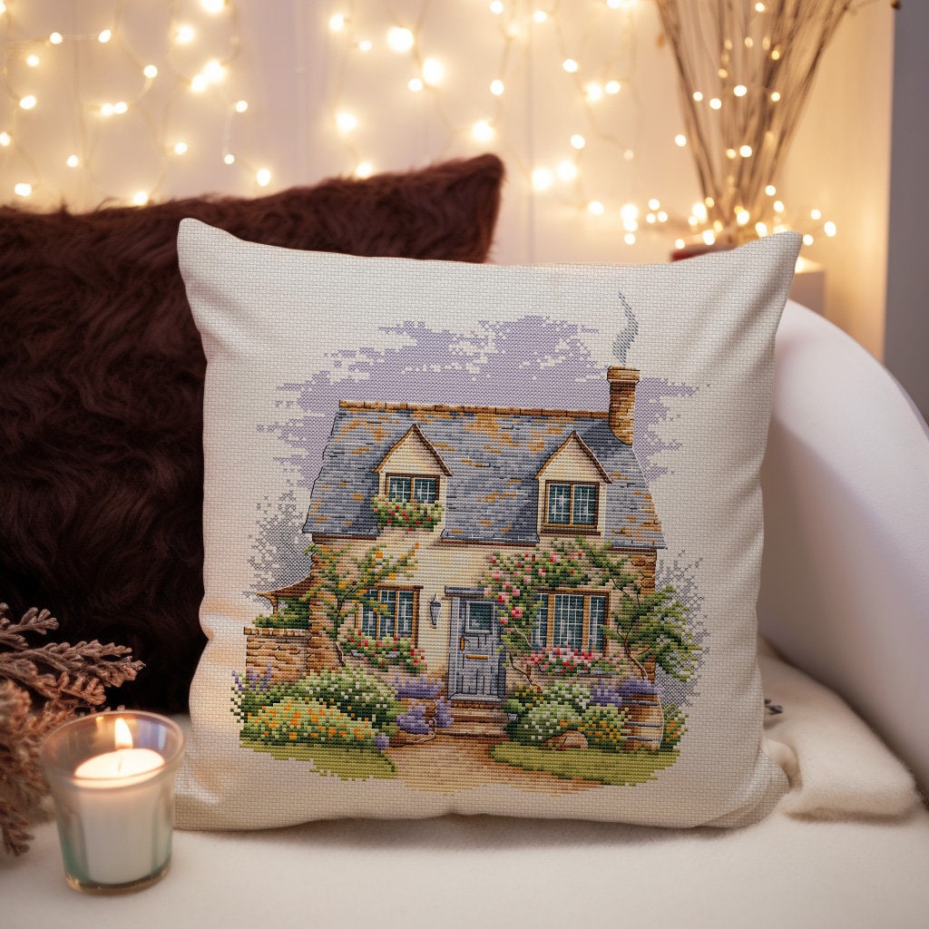 Blue Roof English Cottage Cross Stitch Pattern Cosy House With Rose ...