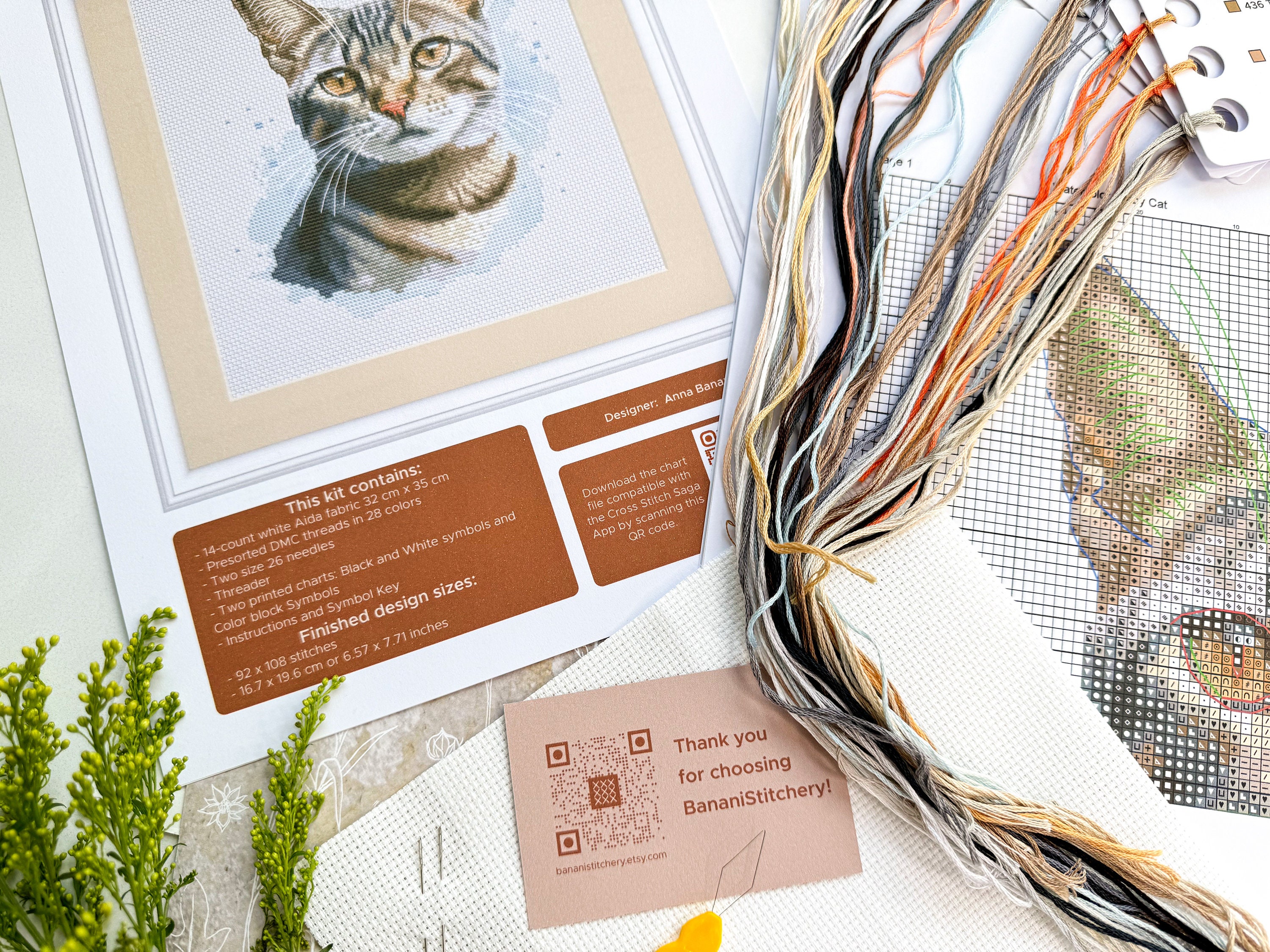 KIT Tabby Cat Portrait Cross Stitch Pattern Kit Grey Domestic Tabby Cat ...