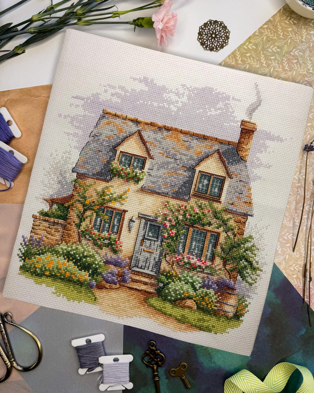 Blue Roof English Cottage Cross Stitch Pattern Cosy House With Rose ...