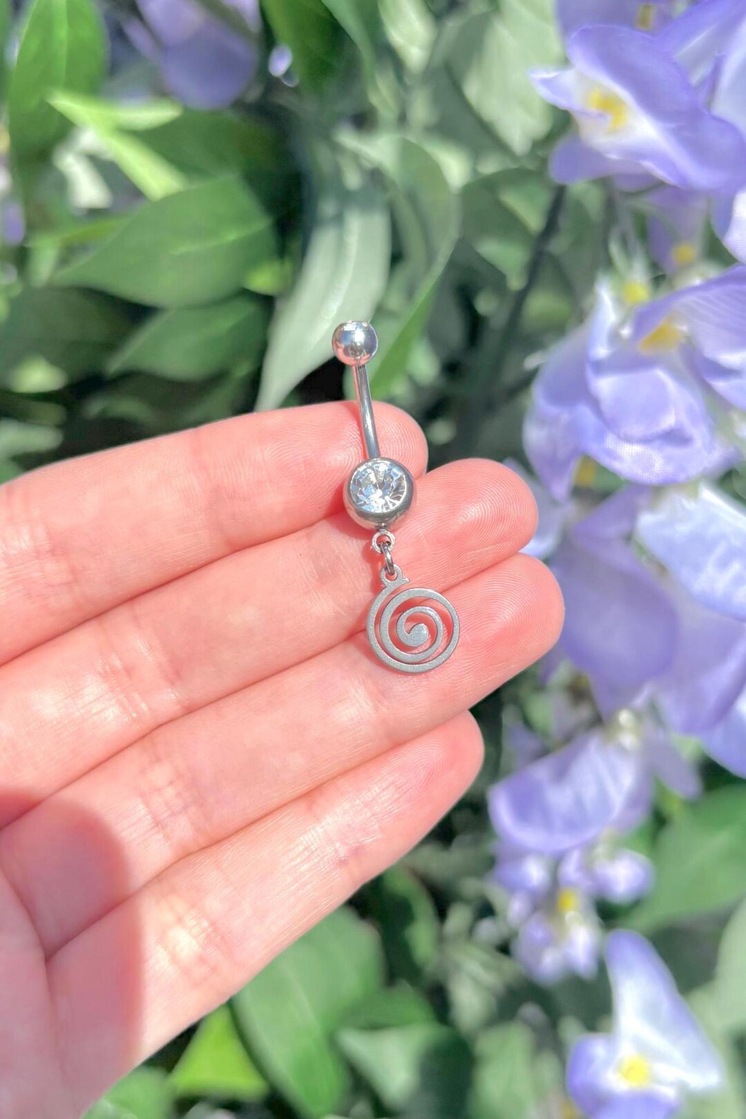 Silver Swirl Belly Ring: Stainless Steel Navel Piercing With Rhinestone ...