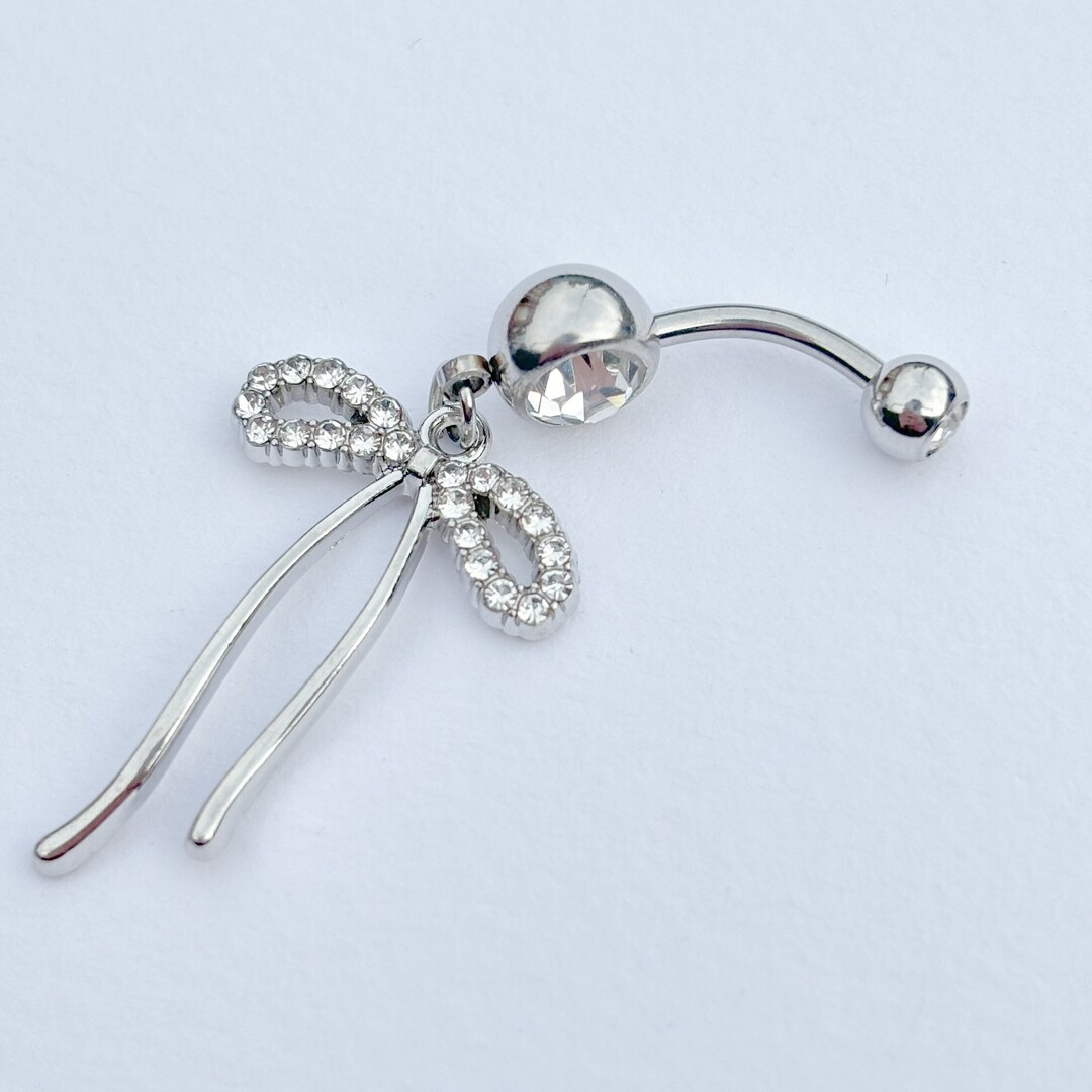 Silver Coquette Bow Pendant Rhinestone Navel Stainless Surgical Steel ...