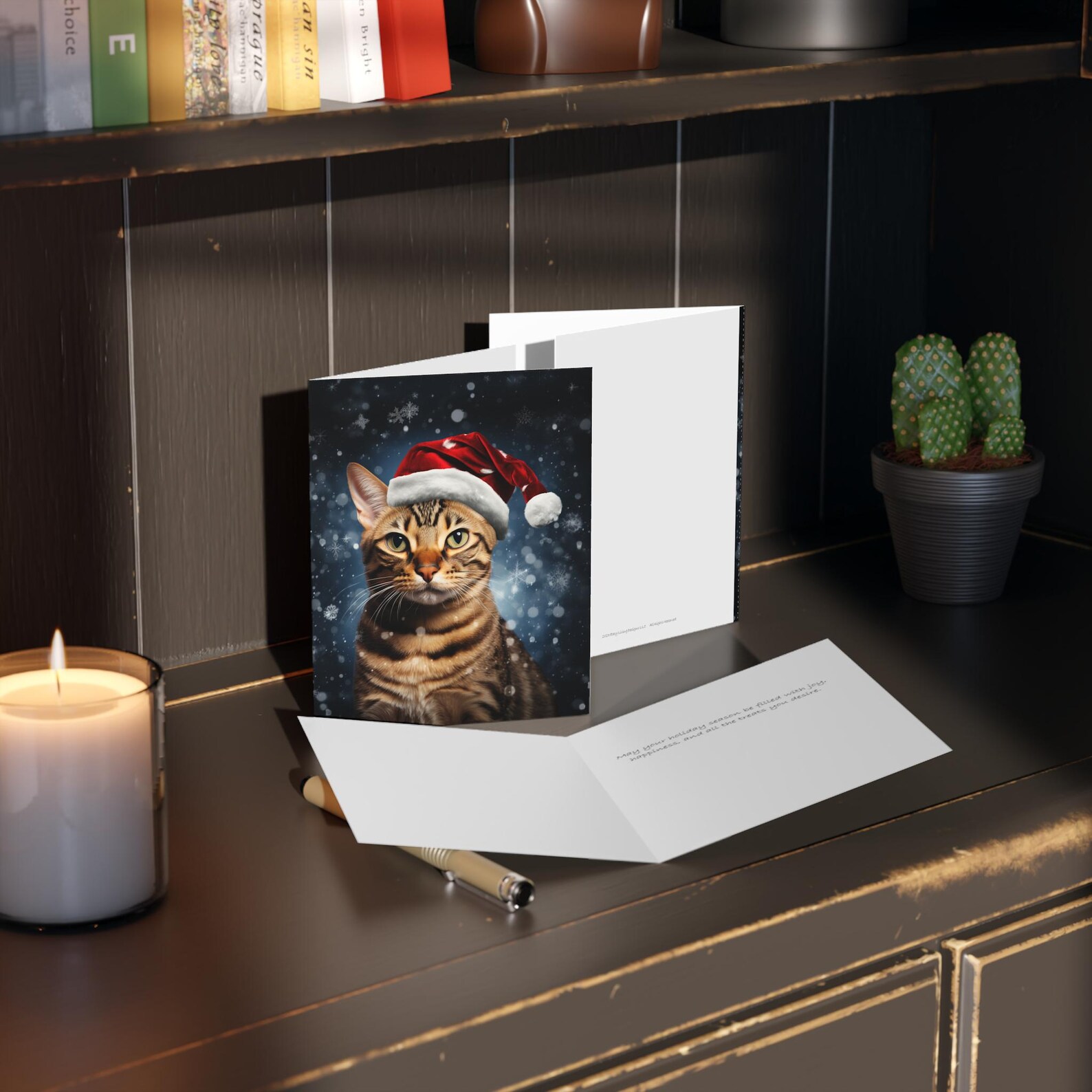 Bengal Christmas Card, Bengal With Santa Hat, Holiday Cards, Christmas ...