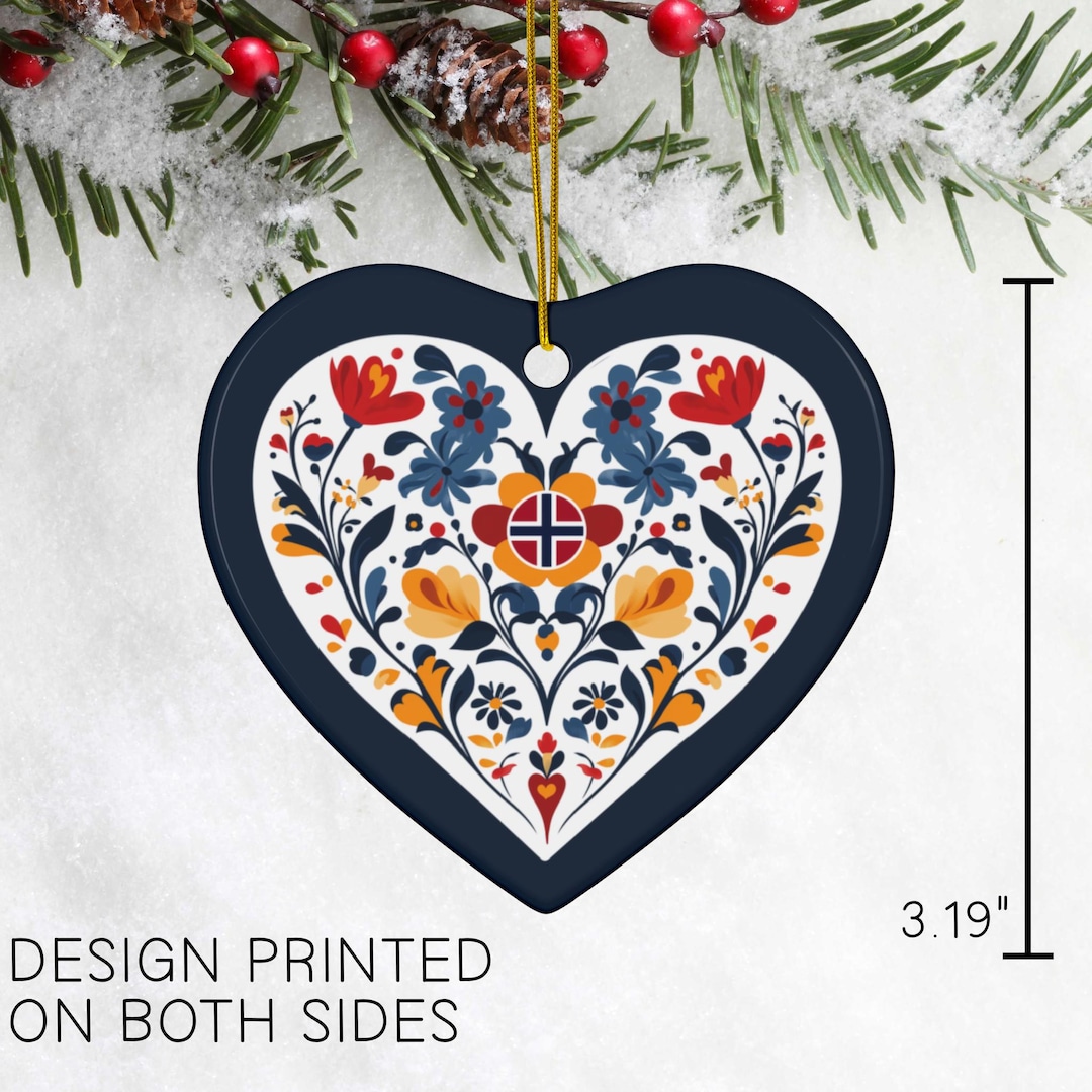 Norwegian Flag Ornament, Heart Shaped Norway Rosemaling Ceramic ...