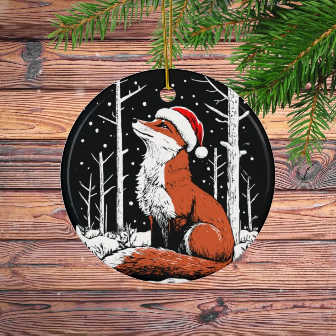Christmas Fox Ornament, Fox With Santa Hat in Forest, Ceramic Ornament ...