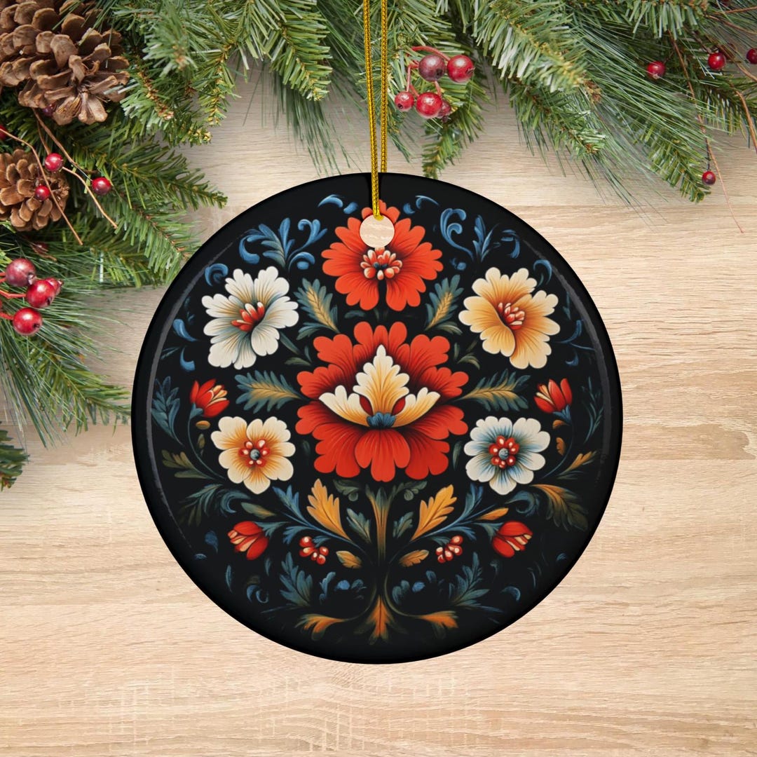 Scandinavian Rosemaling Style God Jul Folk Art Christmas Ornament ...
