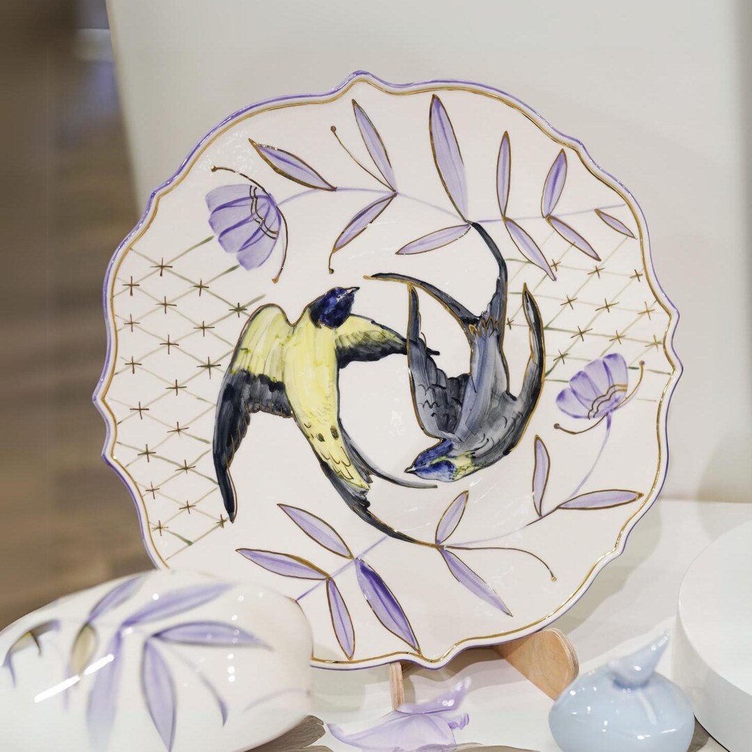 Easter Dishes Birds Serve Plate, Porcelain Hand Painted Dinnerware With ...