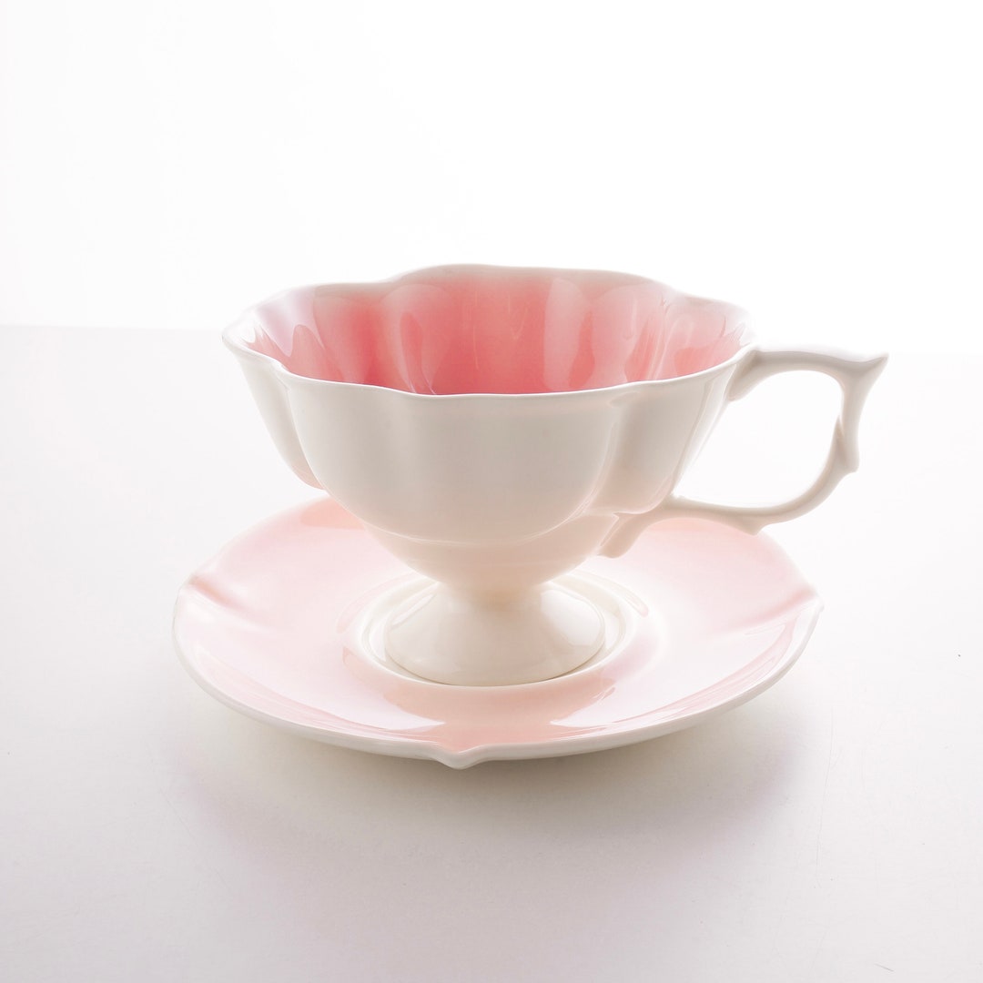 Pink Porcelain Tea Cup and Saucer Set, Small Ceramic Coffee Cup ...