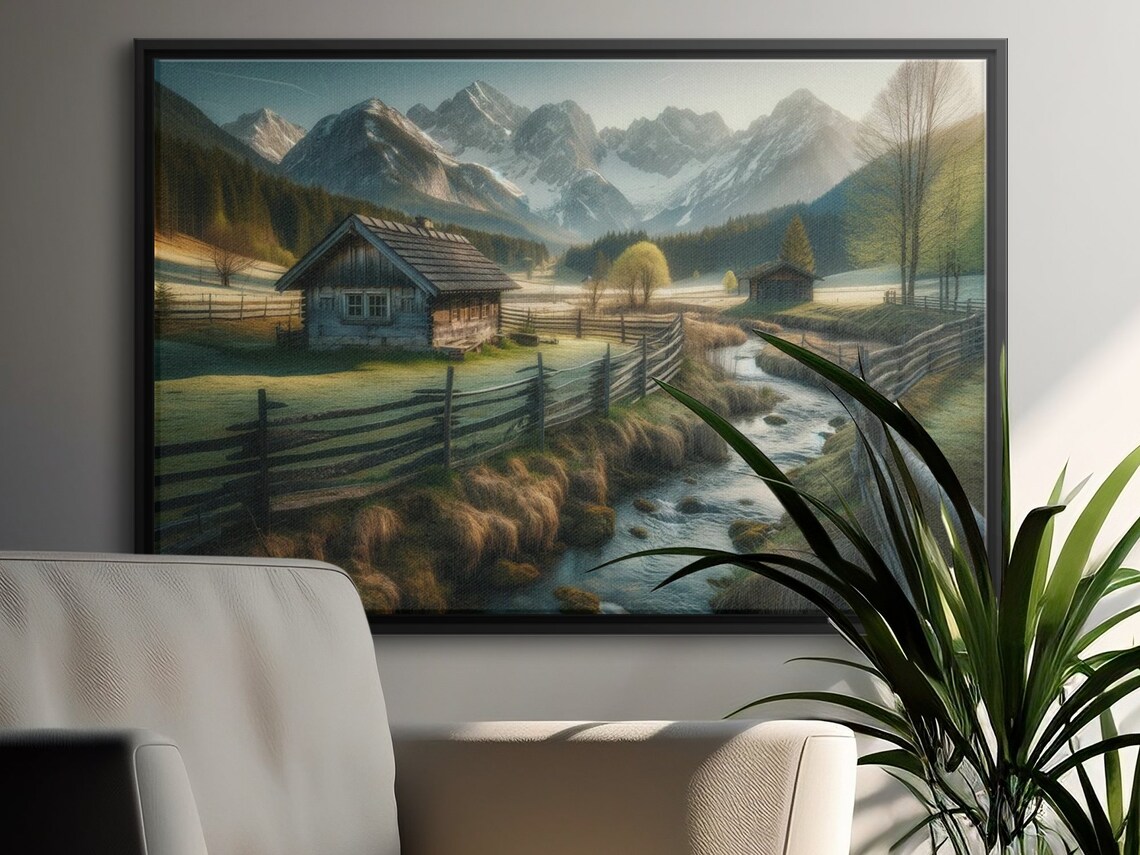 Rustic Mountain Cabin Wall Art, Serene Nature Landscape Print, Peaceful ...