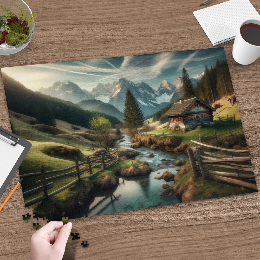 Mountain Cabin Puzzle, Scenic Countryside, Stream and Mountains ...