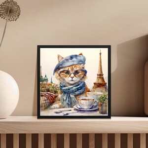 Whimsical Cat in Paris Watercolor Art Print, Sophisticated French Cat ...
