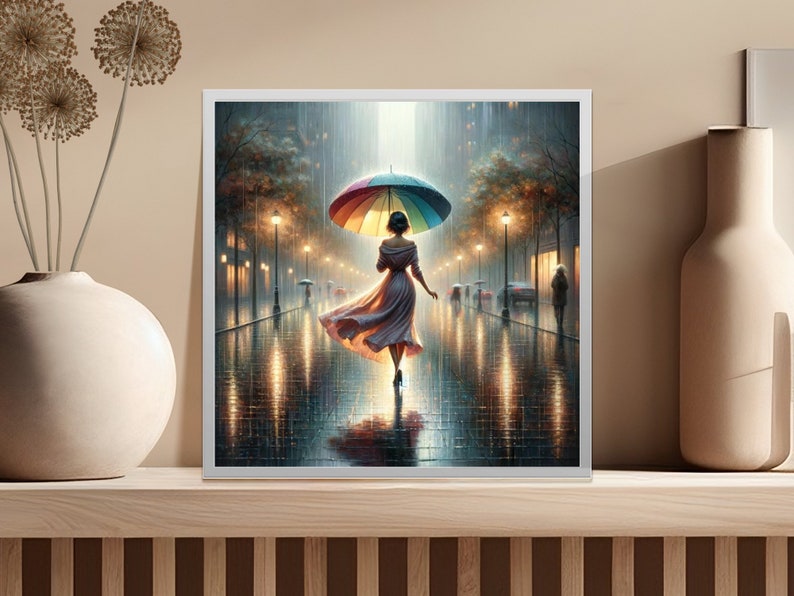 Colorful Woman Walking in the Rain With Umbrella, Rainy City Scene ...
