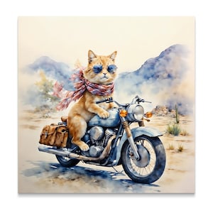 Cat on Motorcycle Wall Art, Cool Cat With Sunglasses Riding, Vintage ...