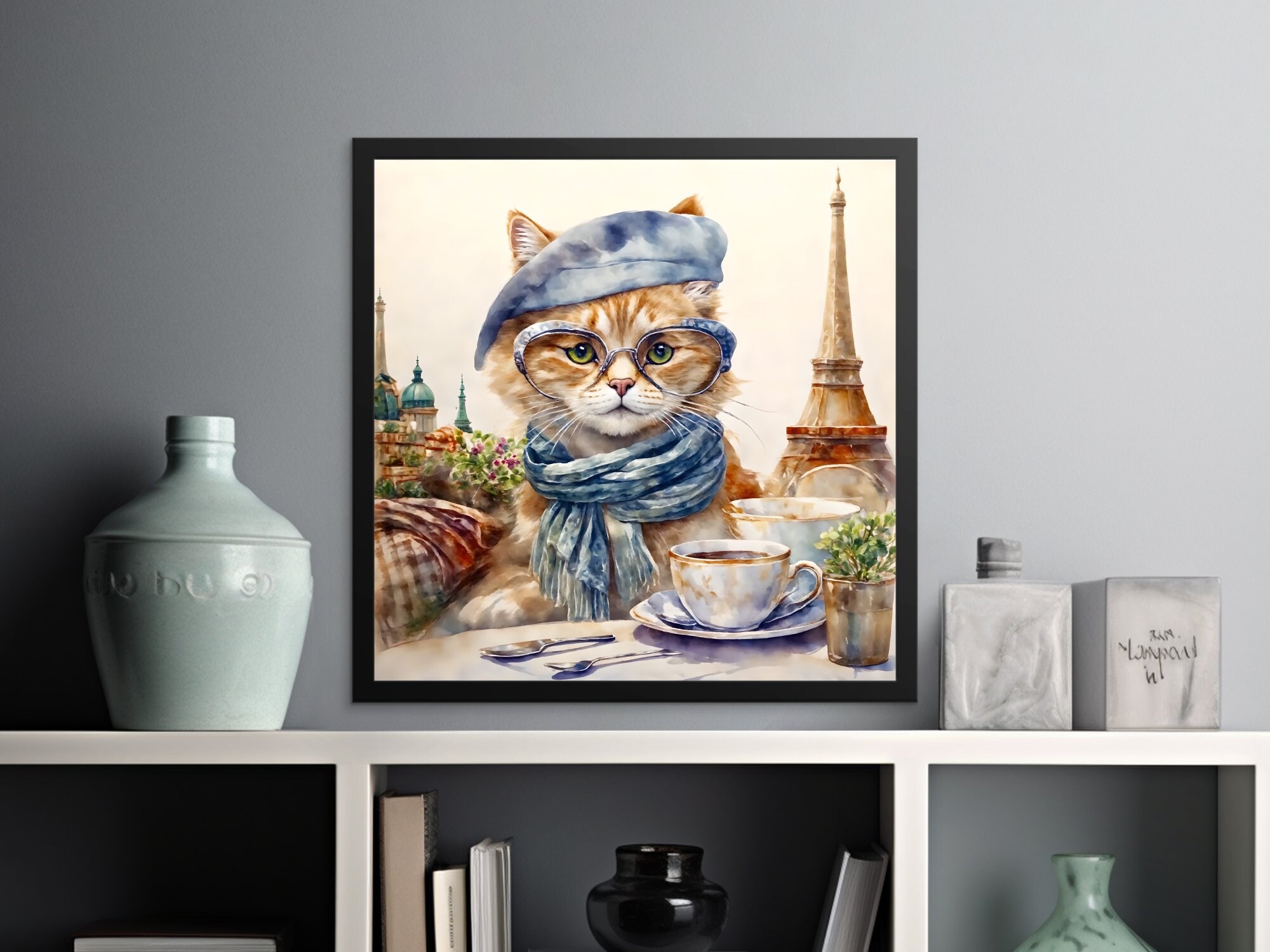 Whimsical Cat in Paris Watercolor Art Print, Sophisticated French Cat ...