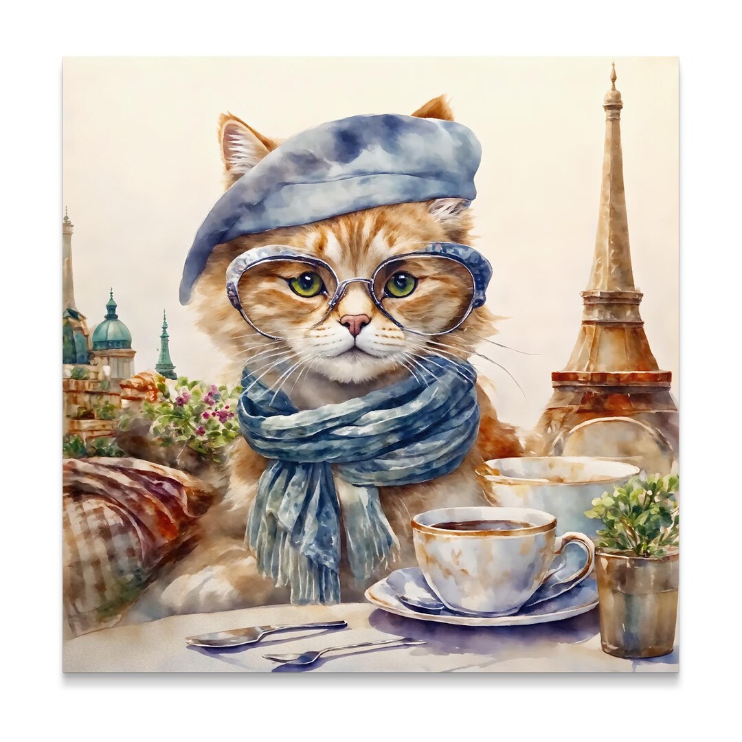 Whimsical Cat in Paris Watercolor Art Print, Sophisticated French Cat ...