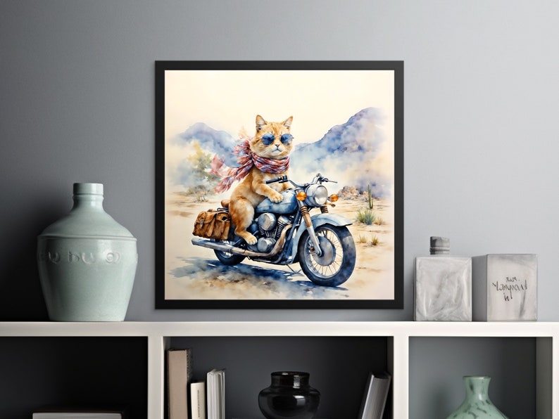 Cat on Motorcycle Wall Art, Cool Cat With Sunglasses Riding, Vintage ...