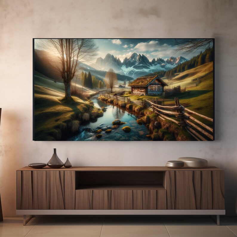 Scenic Mountain Cabin Digital Art, Samsung Frame TV 16x9 Art, Landscape ...