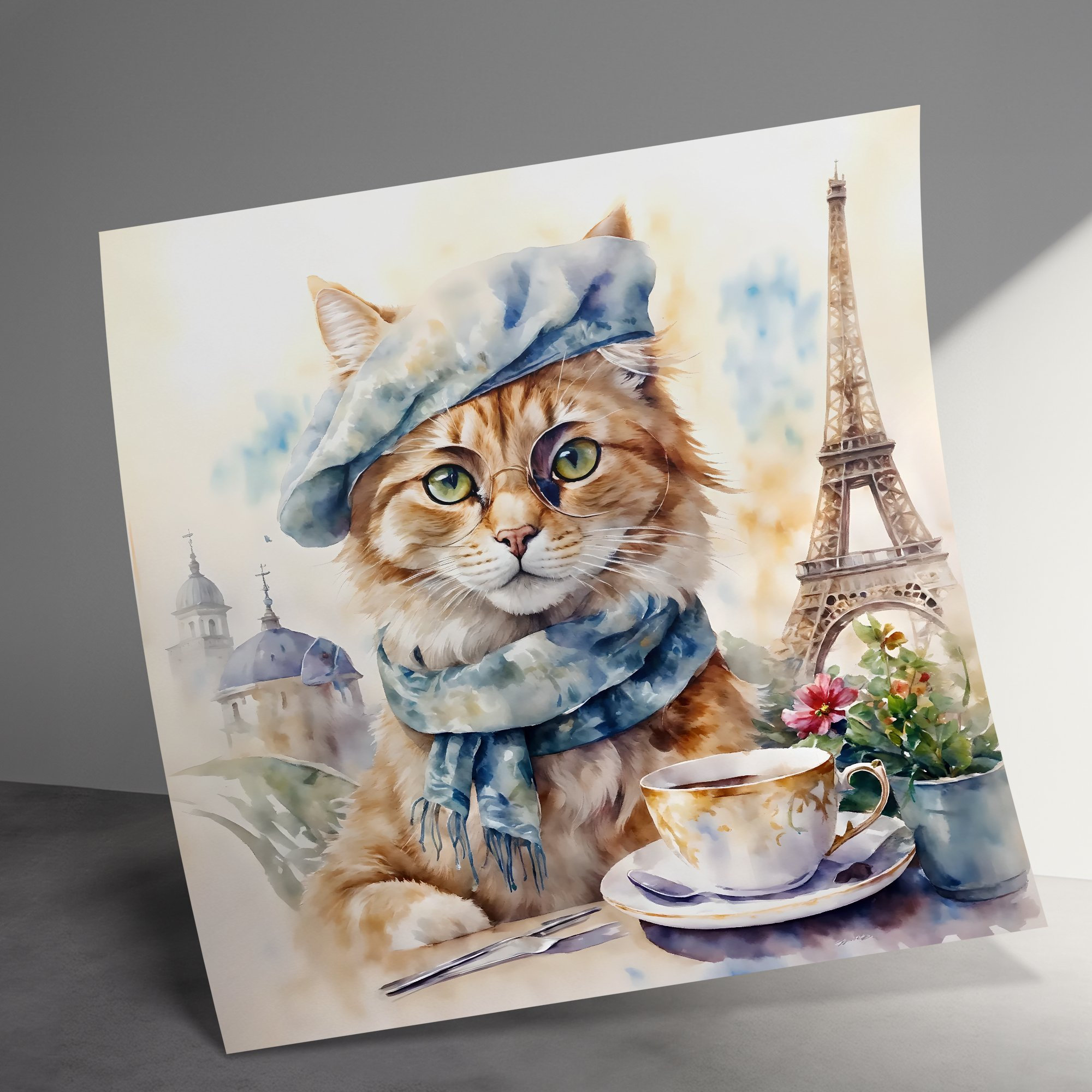 Parisian Cat Wall Art, Watercolor Cat in Beret, Eiffel Tower Background ...